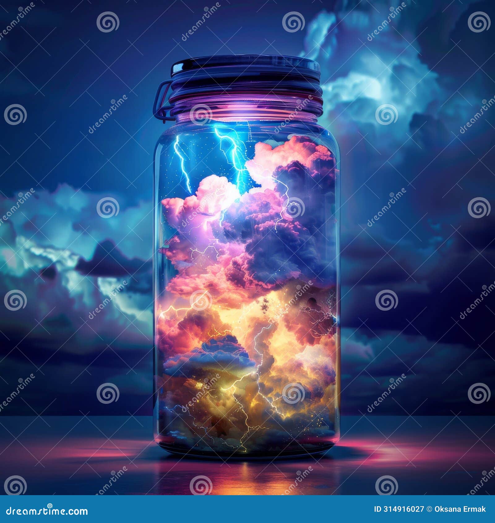 Bottle with Clouds and Lightning, Glass Jar with Colored Clouds Stock ...
