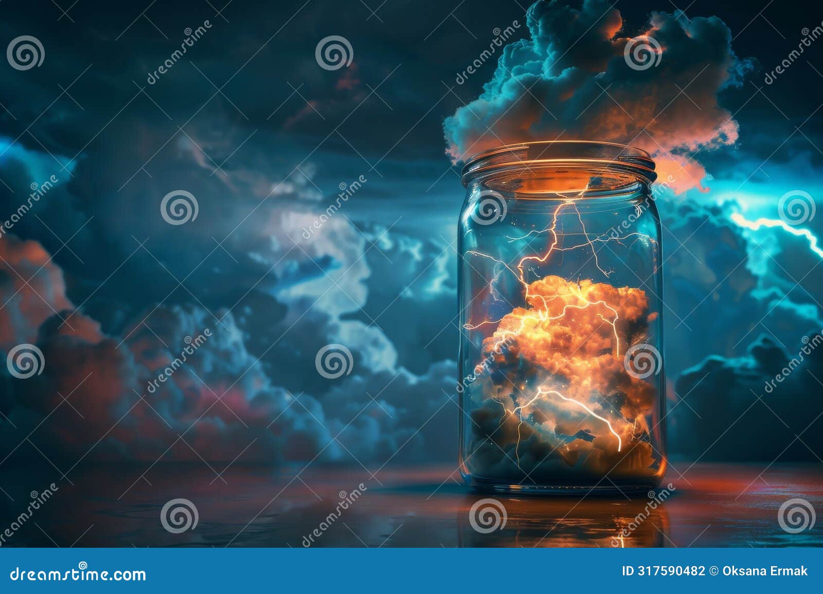 Bottle with Clouds and Lightning, Glass Jar with Colored Clouds Stock ...