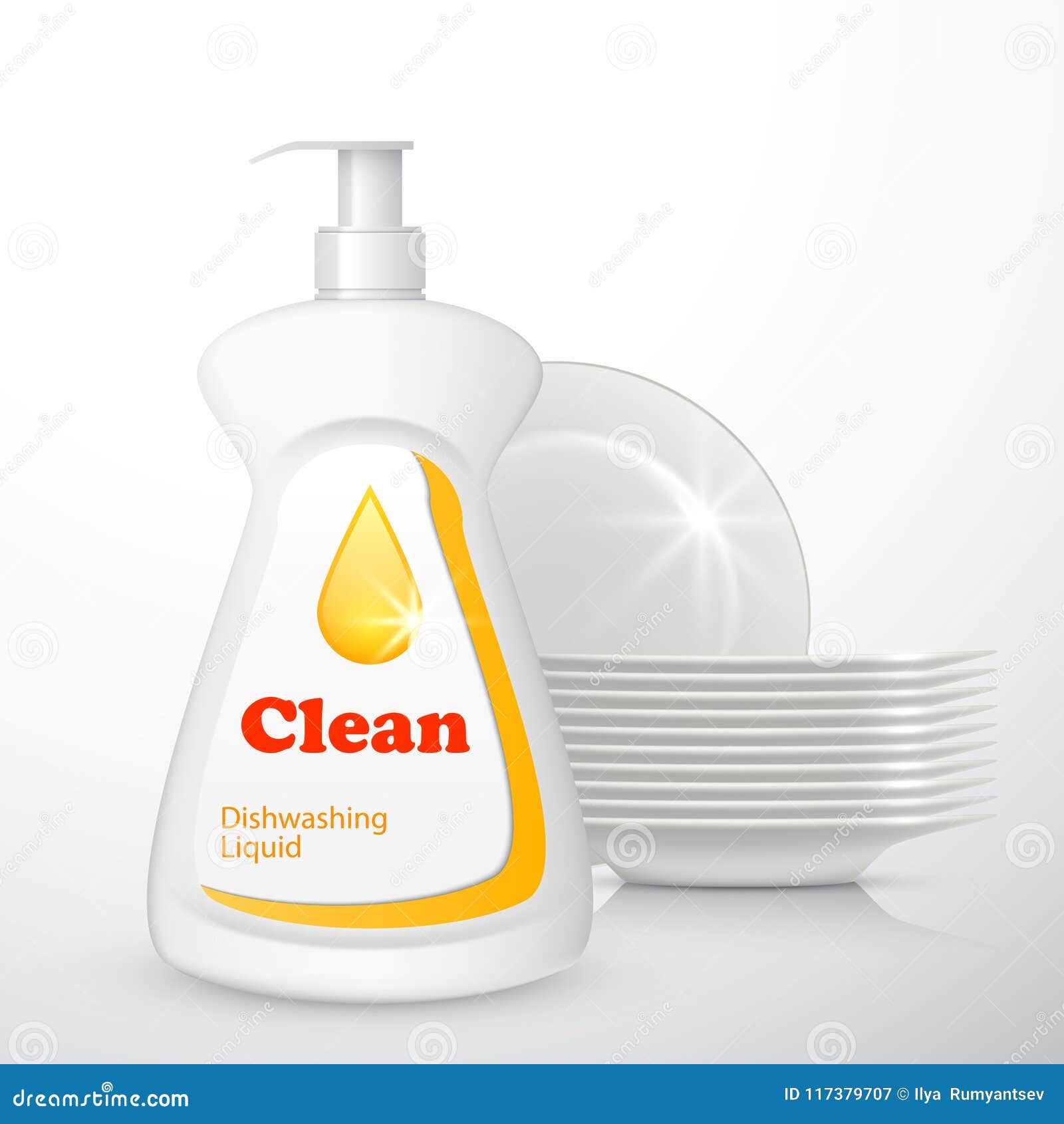 Bottle of Dishwashing Detergent and a Stack of Plates Stock Vector ...