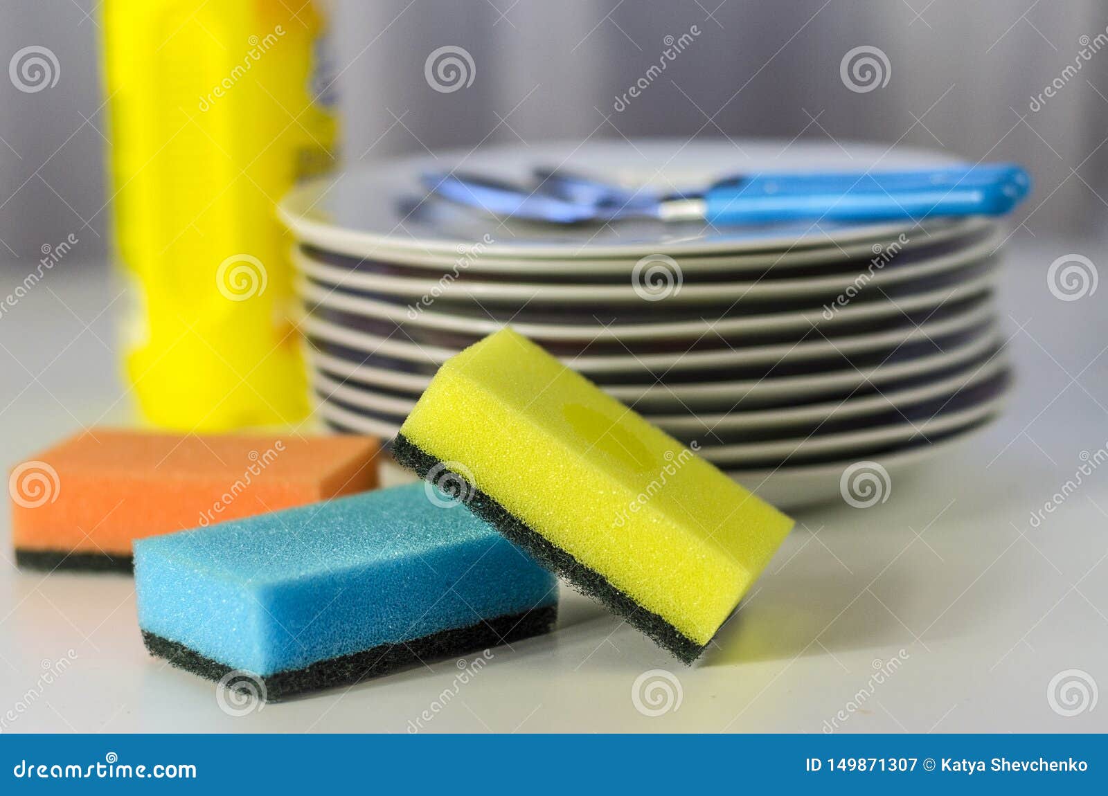 Bottle of Dishwashing Liquid and Stack of Utensils Stock Image - Image ...