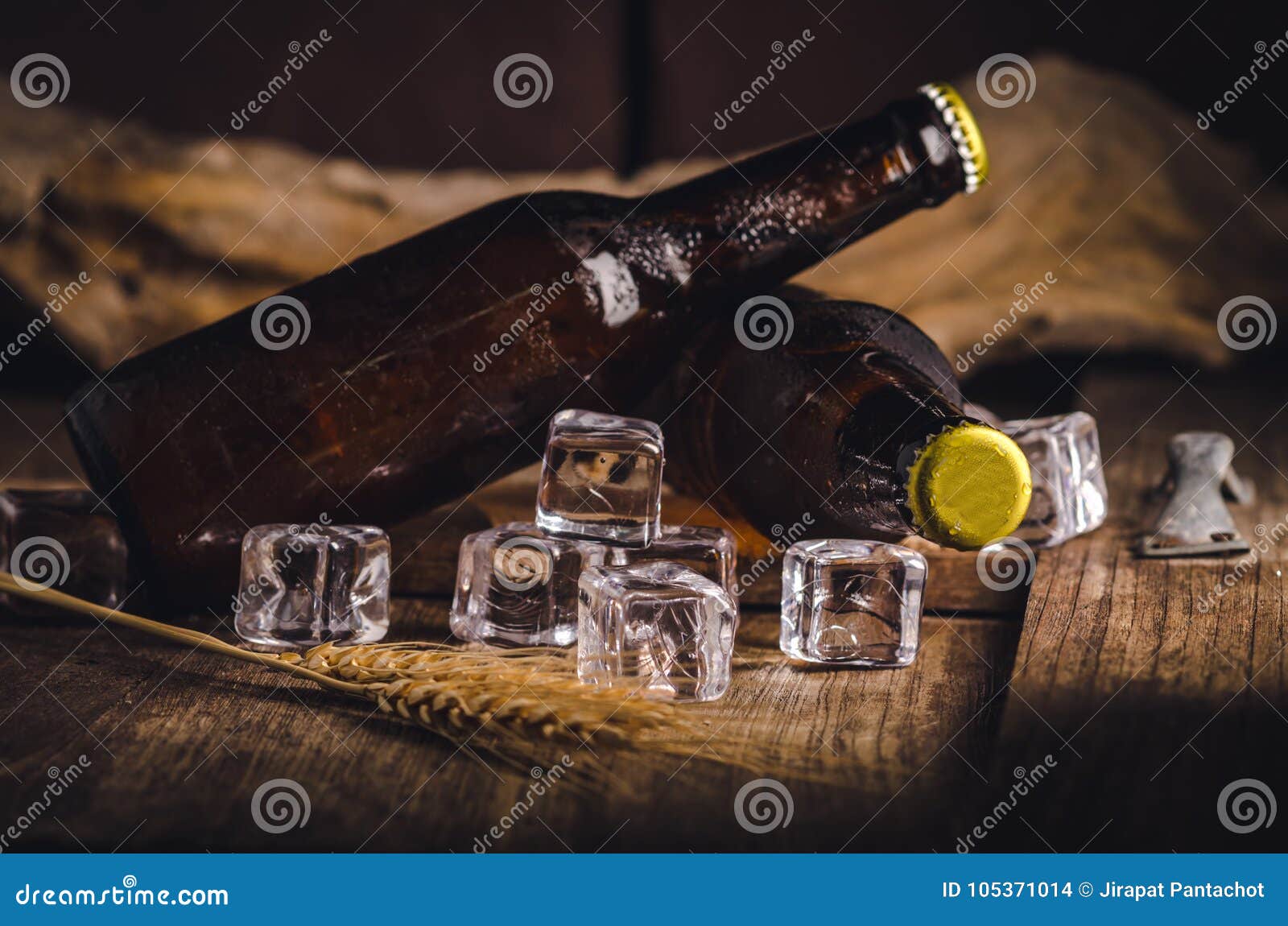 Bottle Draft Beer and Ice on Wooden Table Stock Photo - Image of brew ...