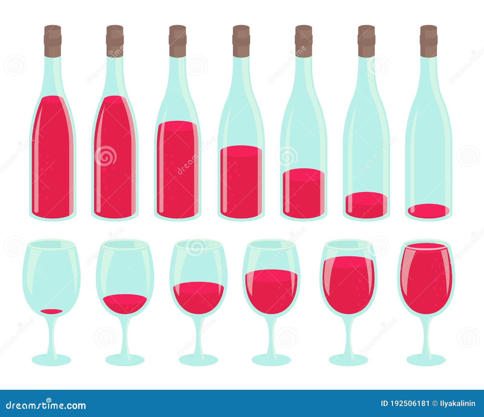 Bottle Drinking Process. Different Amount of Beverage. Set of Glasses ...