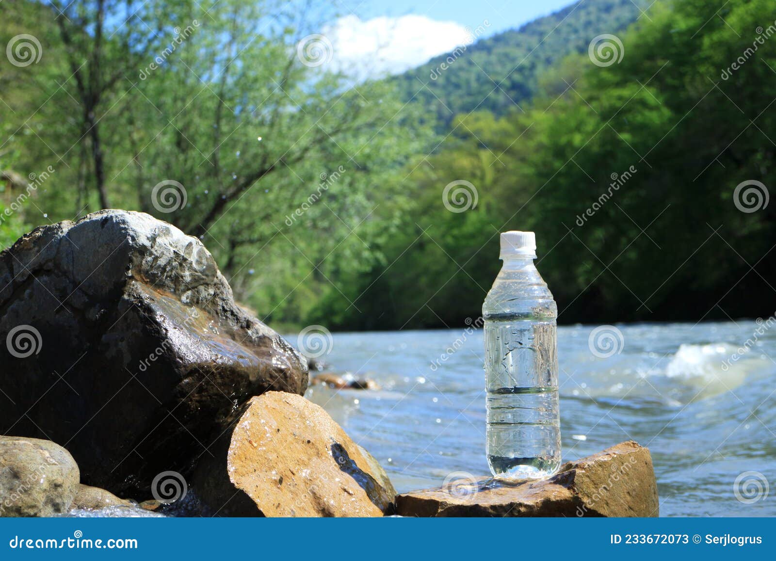 Bottle of Drinking Water on a Clean Mountain Stream Stock Image - Image ...