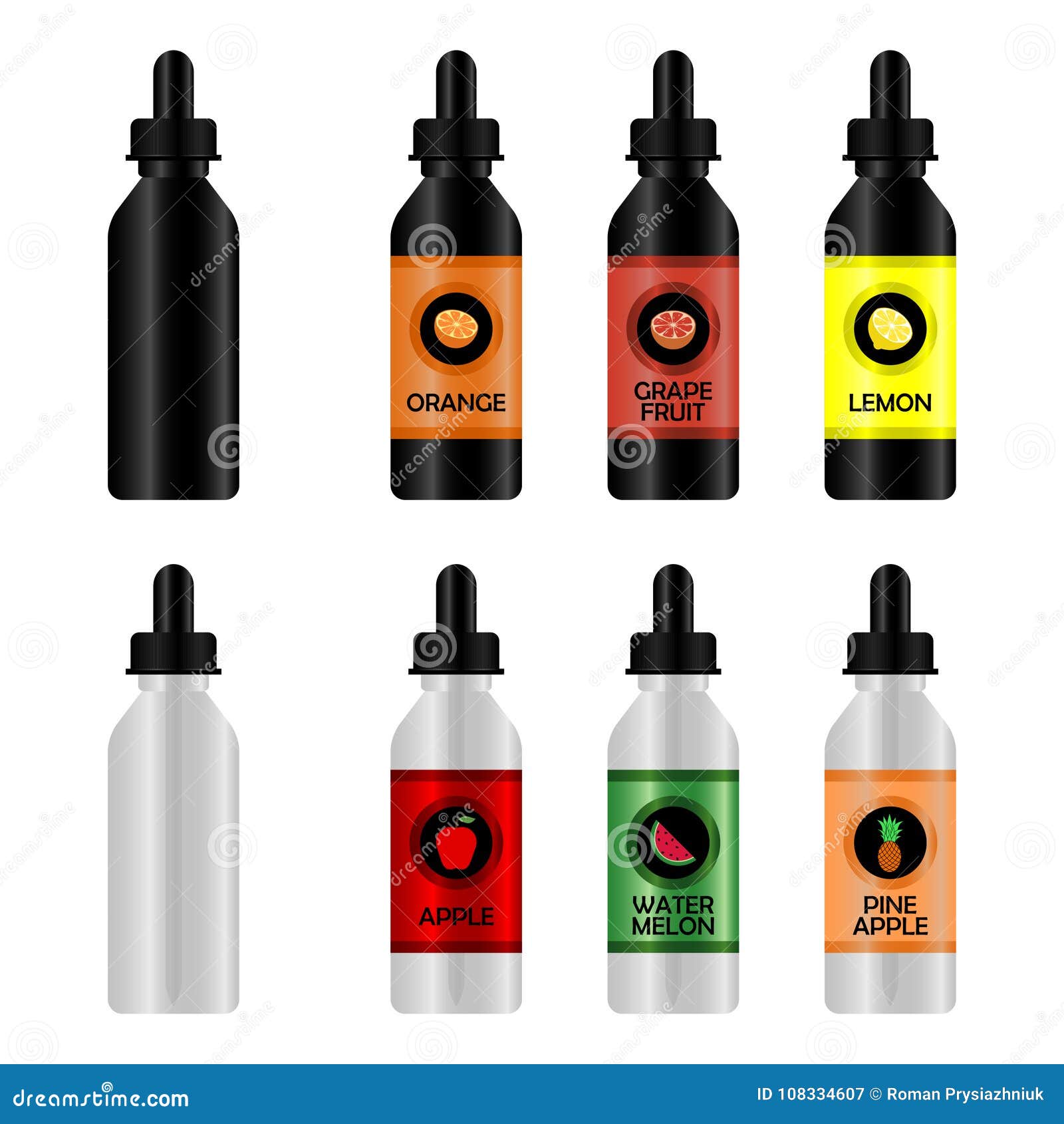 Bottle with E-liquid for Vape. Set of Realistic Bottles Mock-up with ...