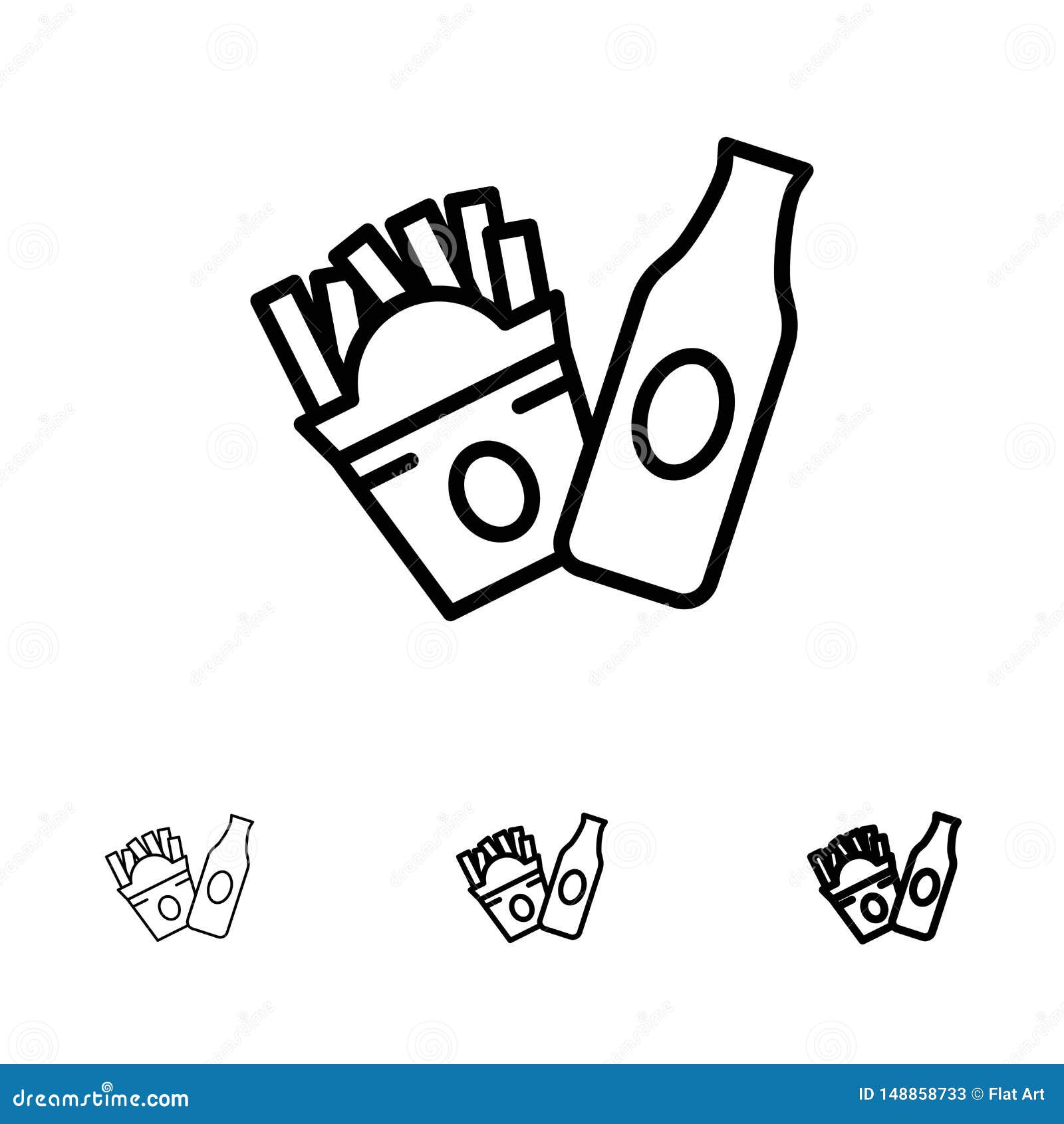 Bottle, Fries, American Bold and Thin Black Line Icon Set Stock Vector ...
