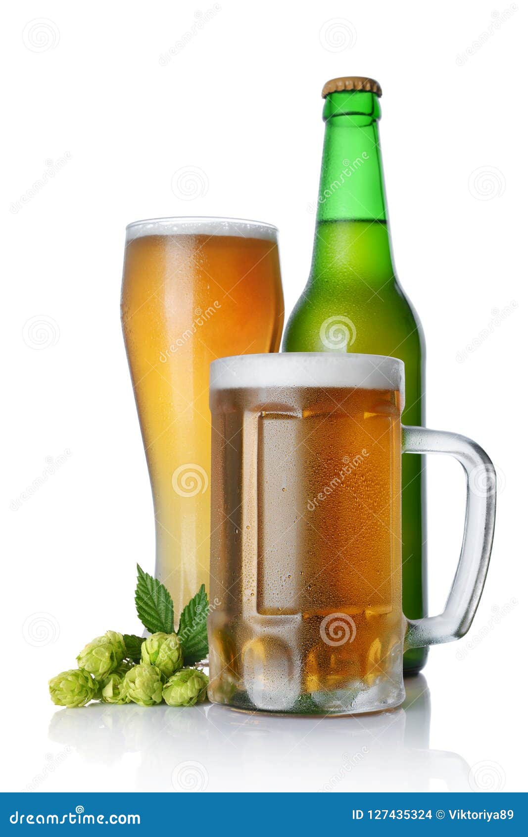 Bottle and Glasses of Cold Light Beer with Foam and Green Hops Stock ...