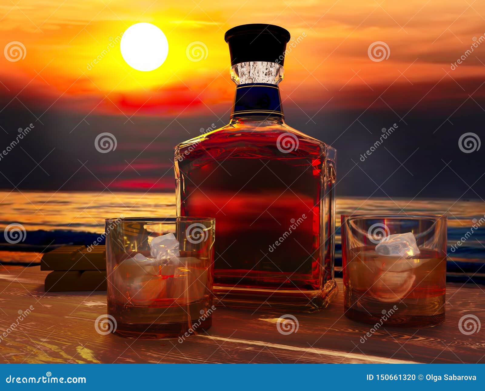 Bottle and Glasses on Table, Rum in Transparent Bottle, Wooden ...