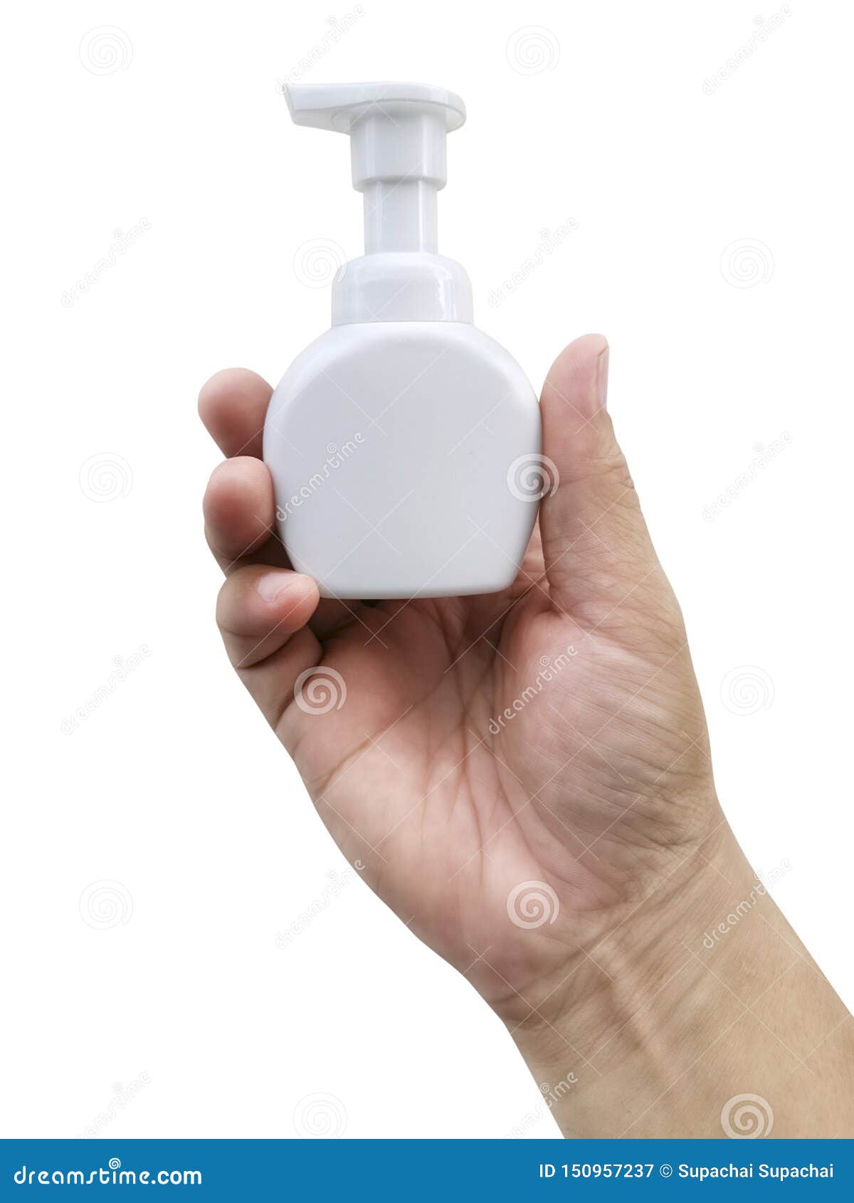 A Bottle of Liquid Soap in Hand Isolated on White Background Stock ...
