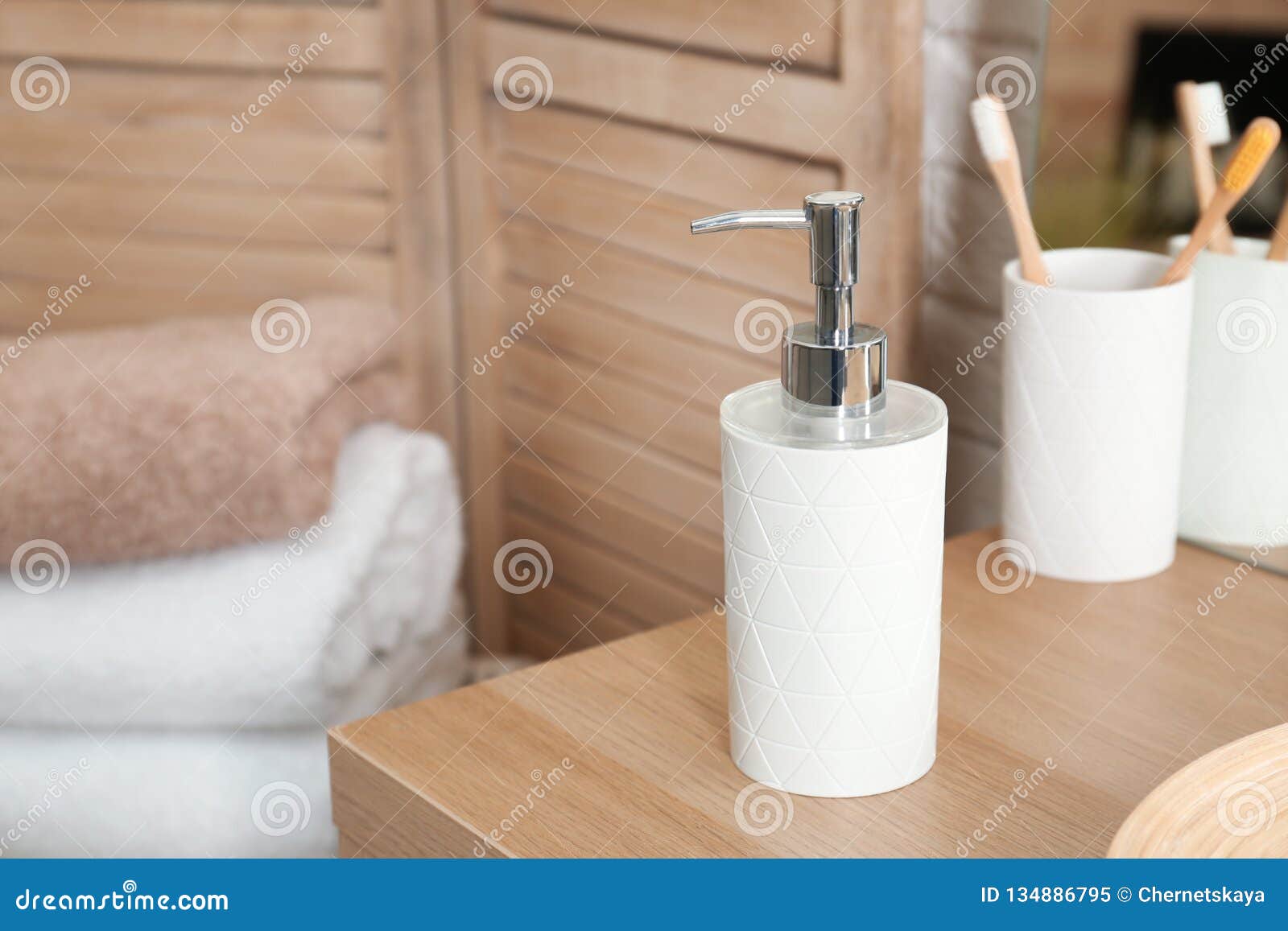 Bottle with Liquid Soap on Table in Bathroom. Stock Image - Image of ...