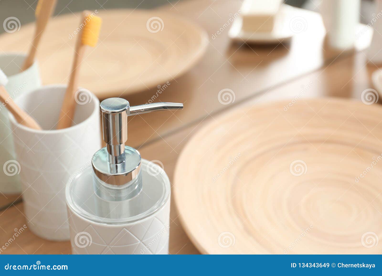 Bottle with Liquid Soap on Table, Closeup. Stock Image - Image of body ...