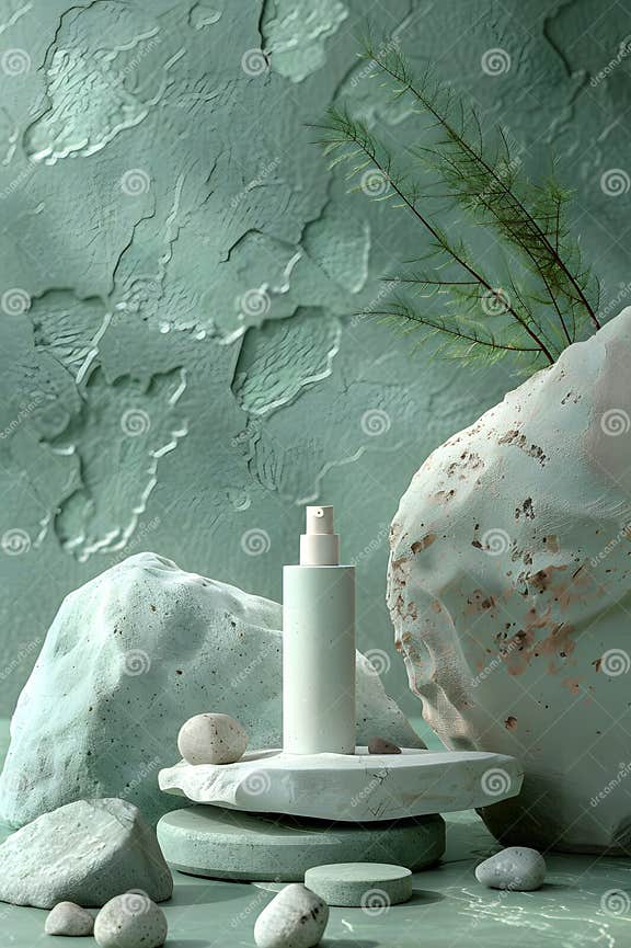 A Bottle of Lotion is Displayed on a Stack of Rocks in Still Life ...