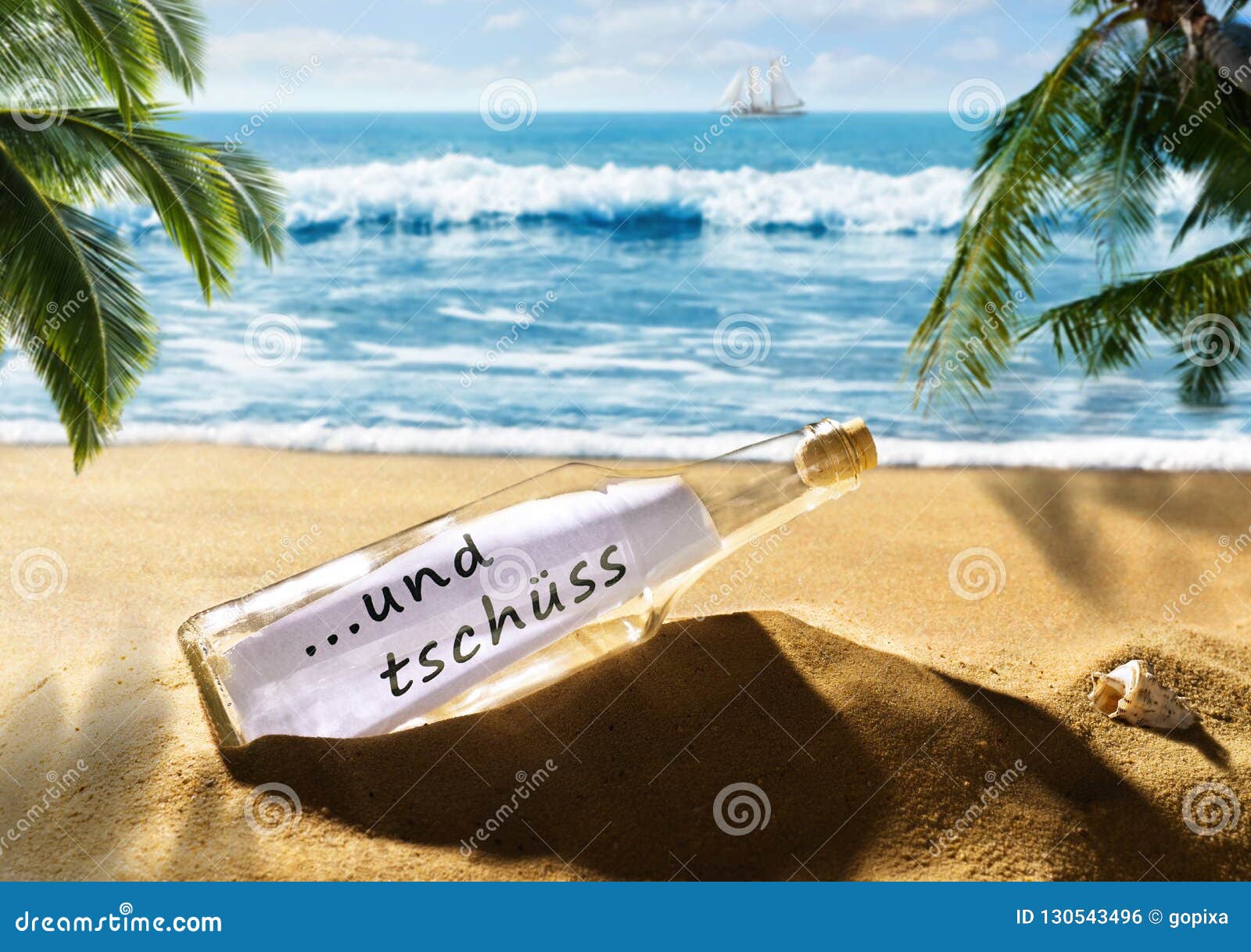 Bottle with the Message and Bye Bye on the Beach Stock Photo - Image of ...