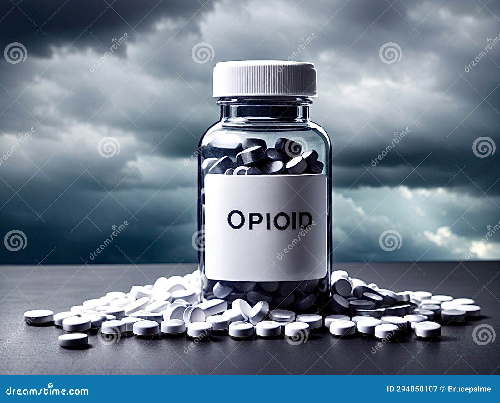 A Bottle of Opioid Tablets on the Table with Ominous Clouds in the ...