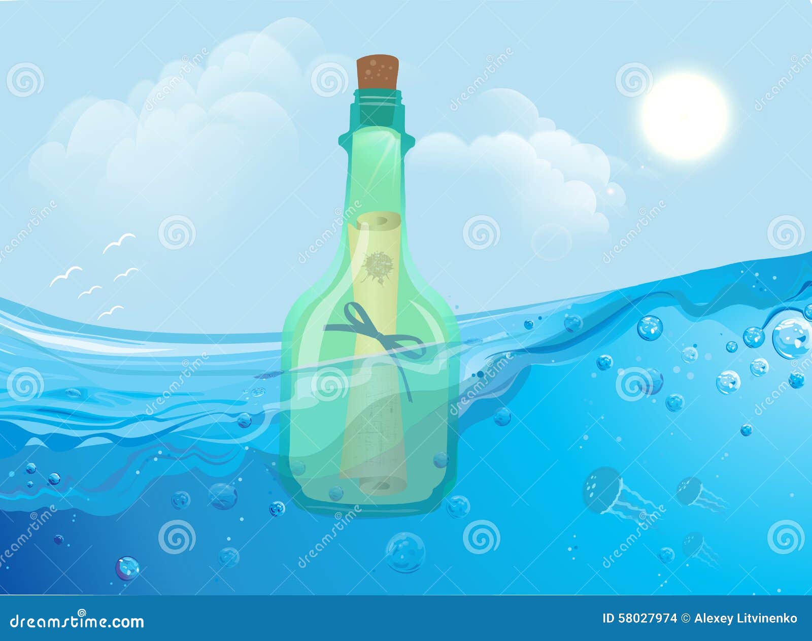 Bottle with Paper Floating in the Ocean Waves Stock Vector ...