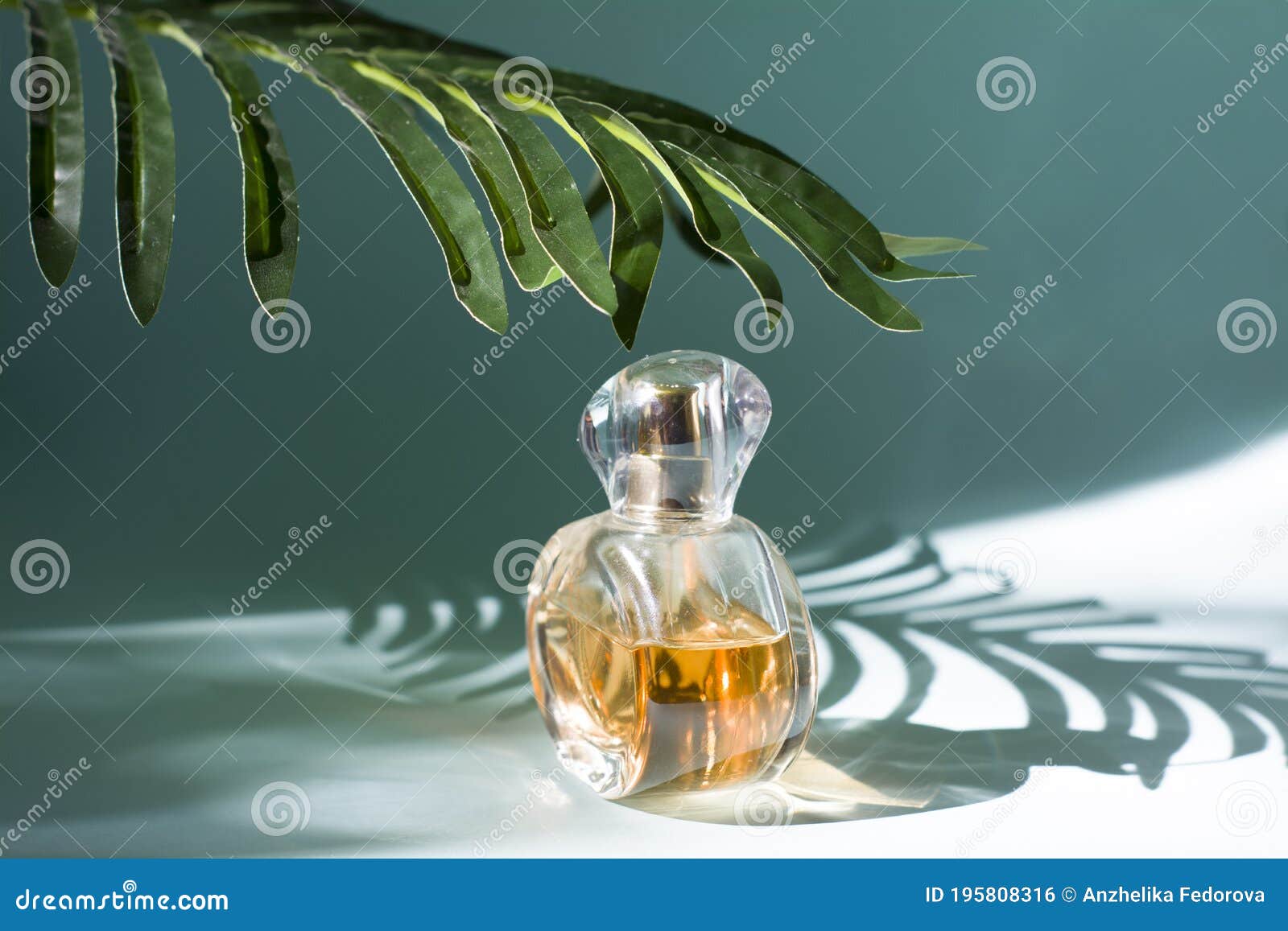 A Bottle of Perfume and Cosmetics. on a Green Background with a Palm ...