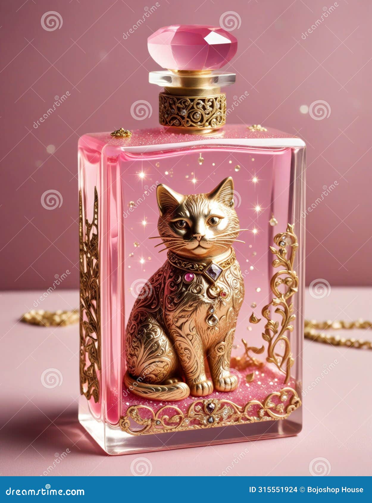 Bottle of Perfume with a Golden Cat on a Pink Background. Stock ...