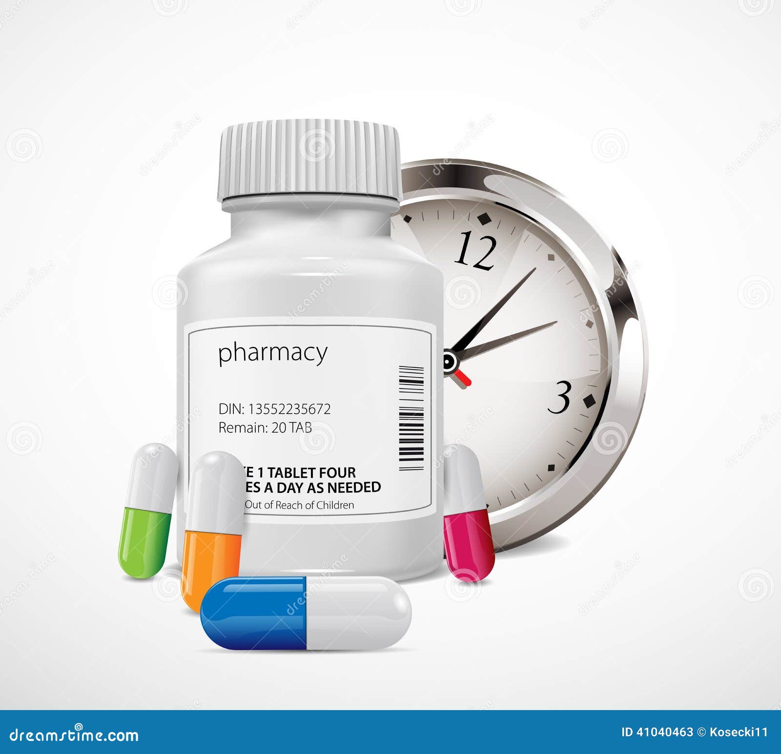 Bottle, pills and time stock vector. Illustration of drug - 41040463