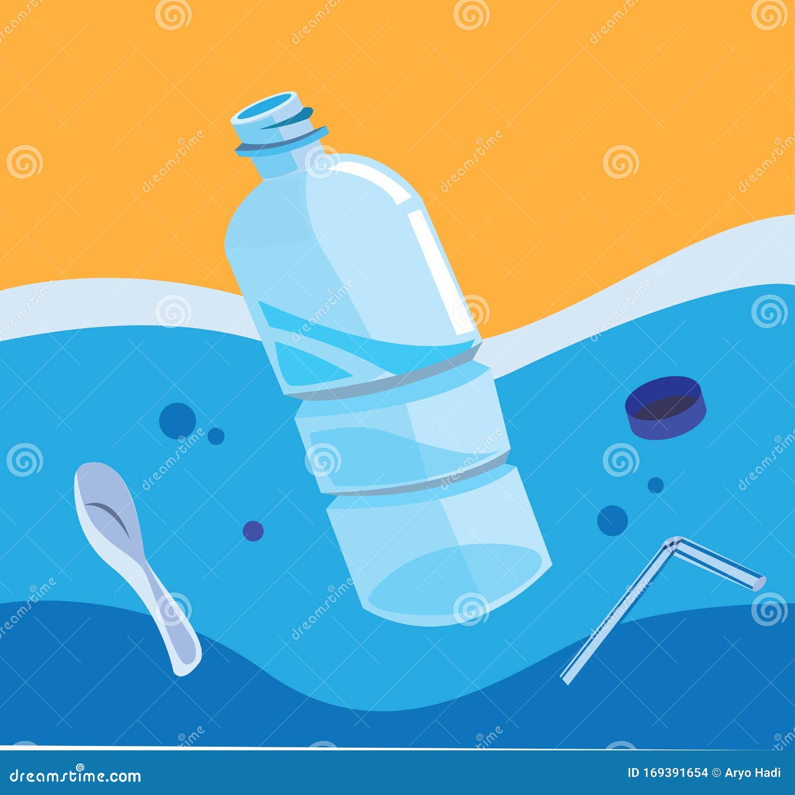 Garbage Polluted Ocean By Plastic, Masks, Gloves, Garbage. Cartoon ...