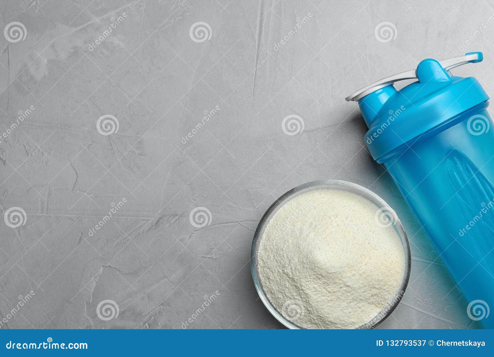 Bottle, Protein Powder and Space for Text on Grey Background, Top View ...