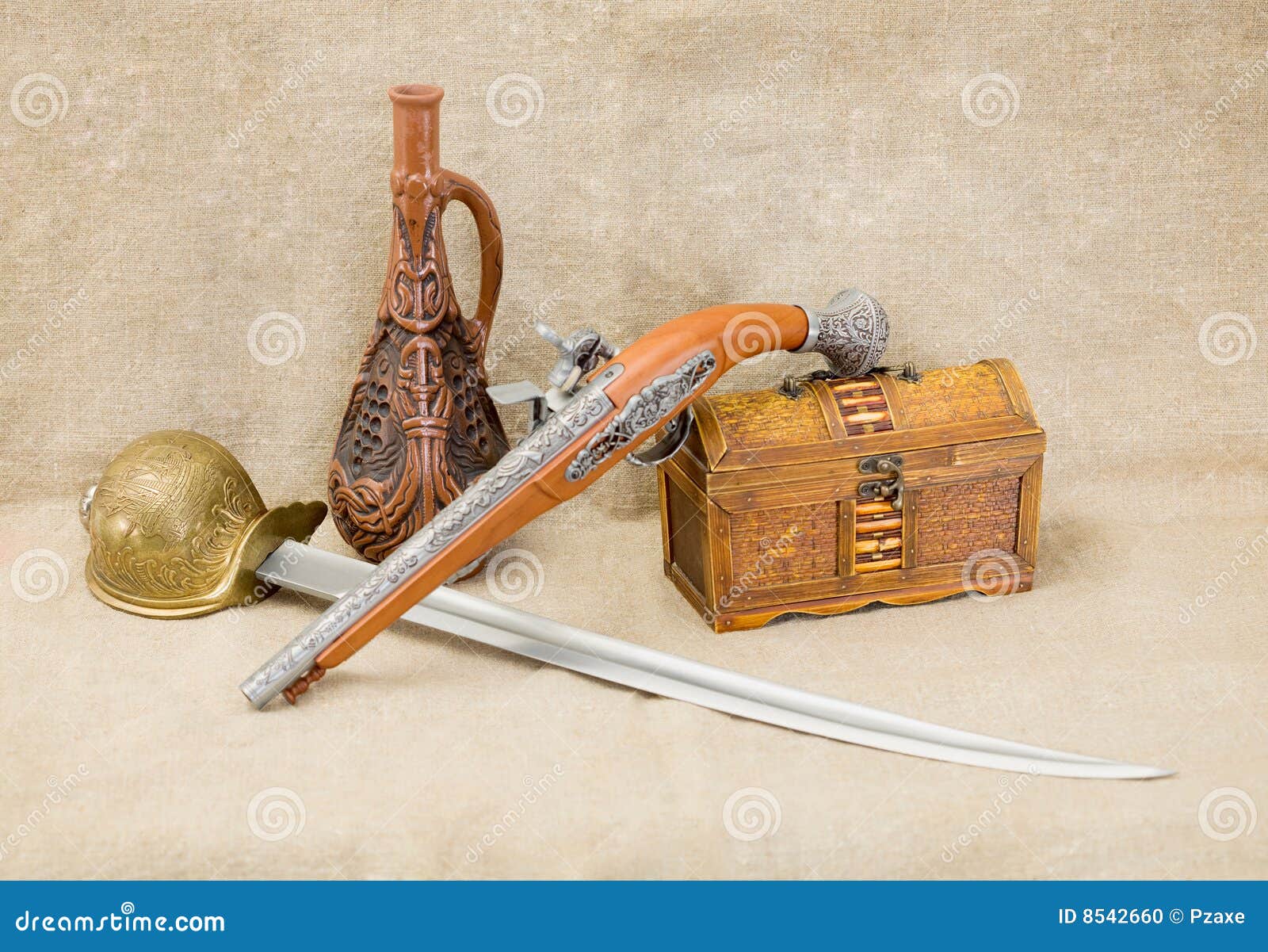 Bottle, Rapier, Sword, Pistol and Chest Stock Photo - Image of drapery ...