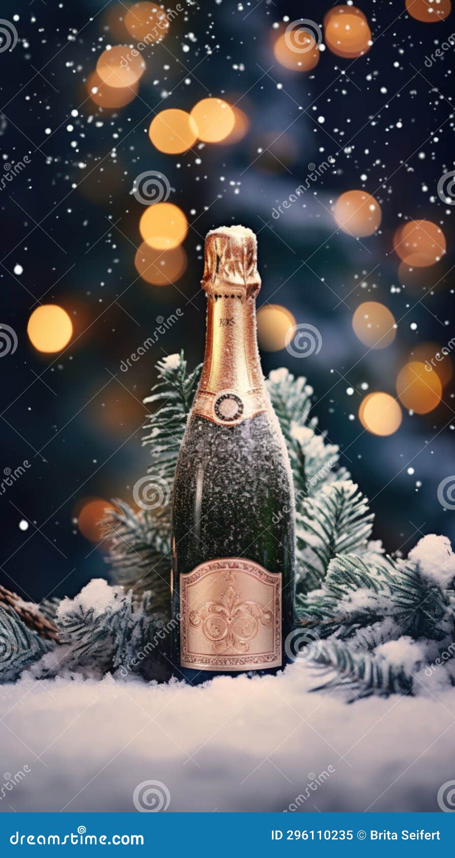 Bottle of Rose Champagne, Sparklings, Snowfall and Christmas ...