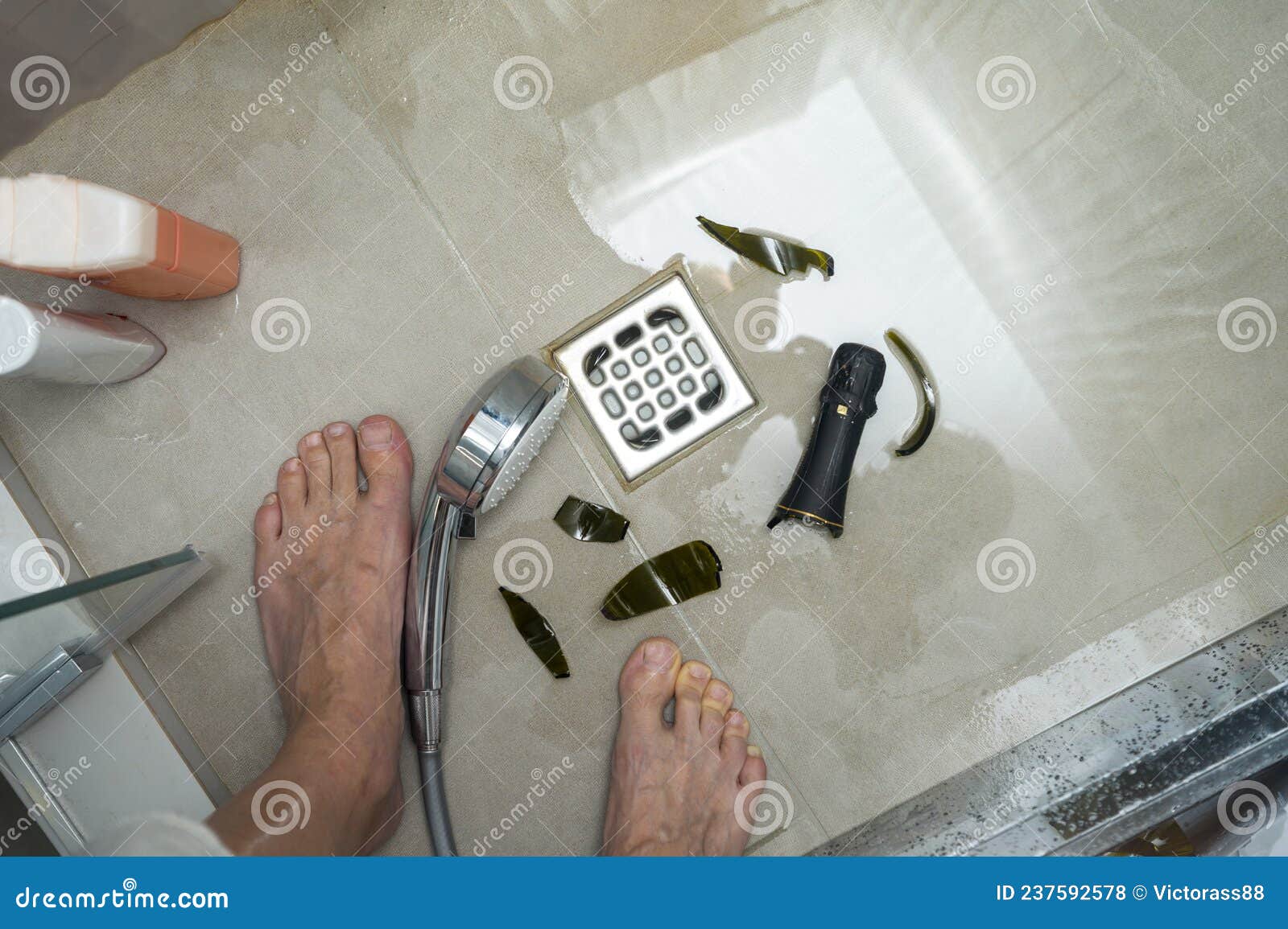 Bottle shards in a shower stock photo. Image of shower - 237592578