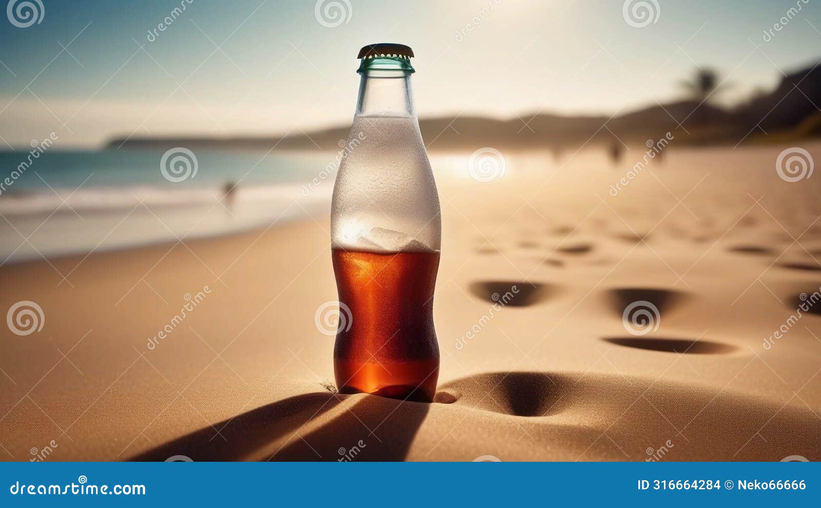 A Bottle of Soda Stands in the Sand on the Beach Stock Photo - Image of ...