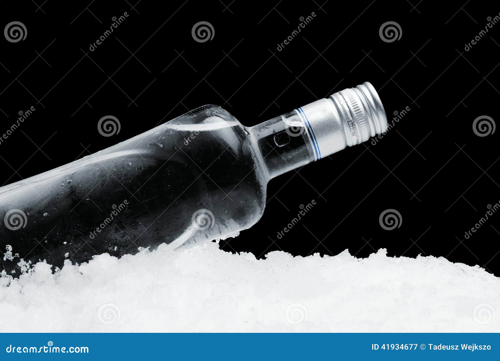 Bottle Of Vodka With Glasses Standing On Ice On Black Background Stock ...