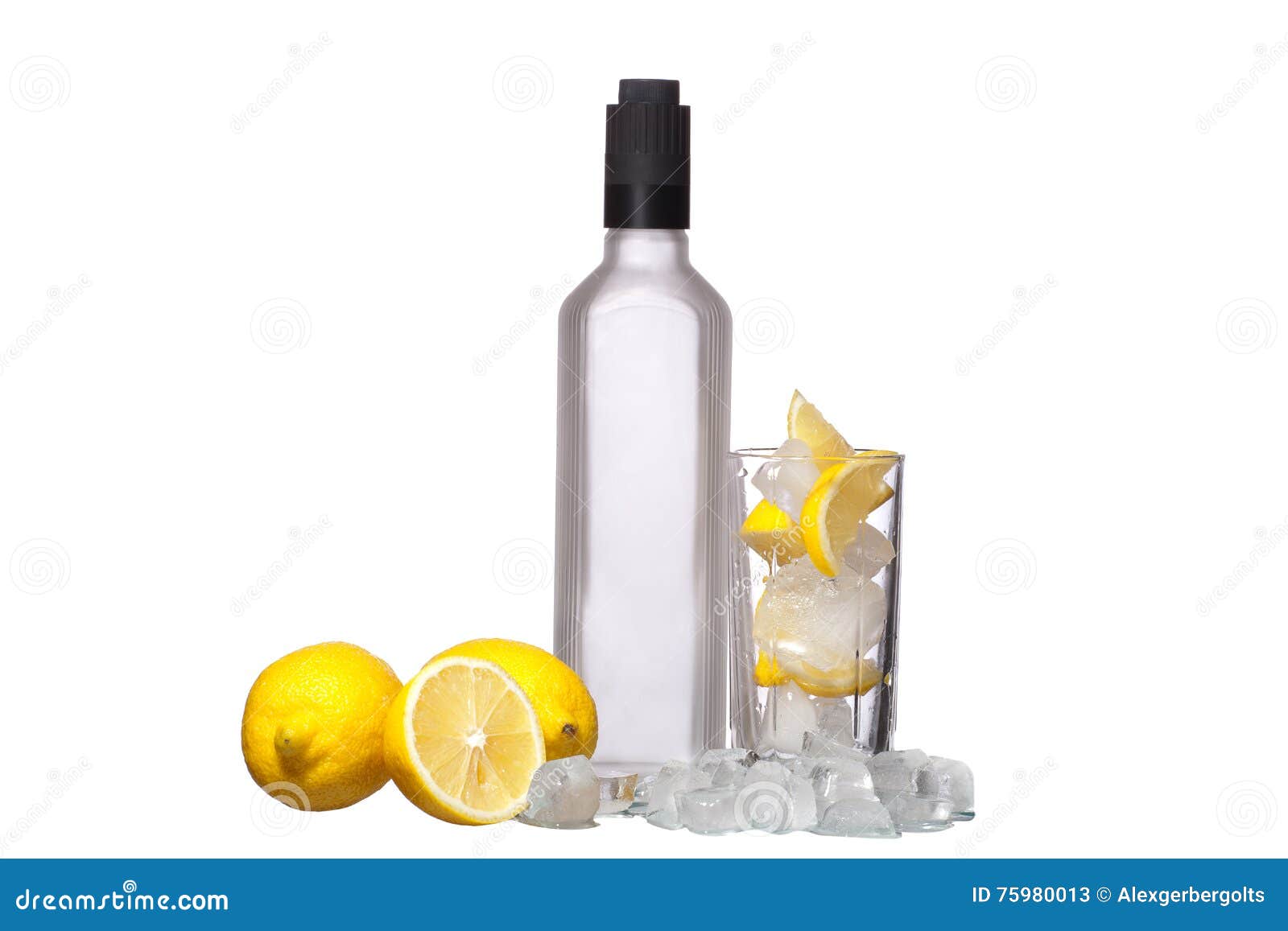 Bottle of Vodka and Wine Glass with Lemon and Ice Isolated on Wh Stock ...