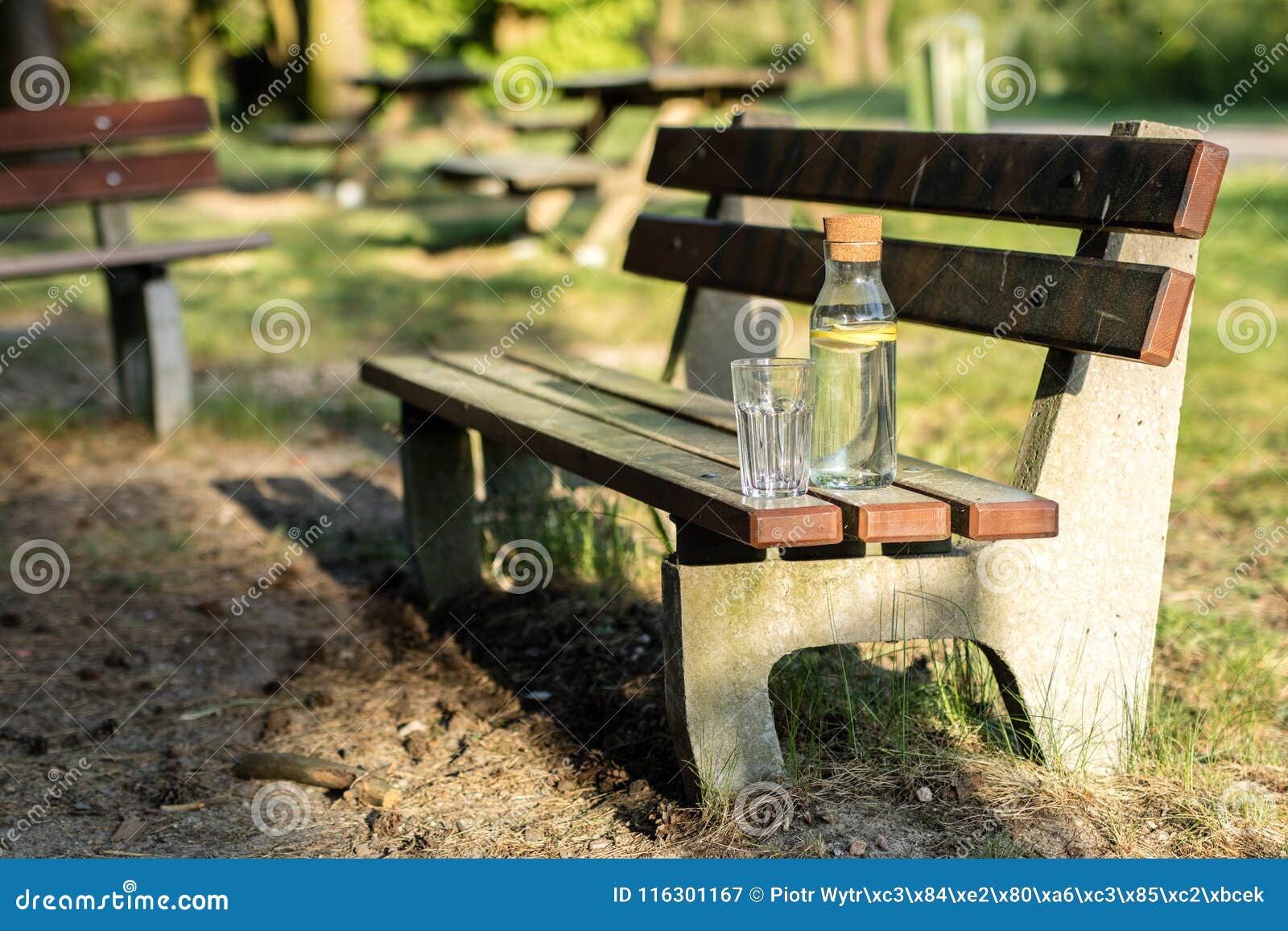 A Bottle of Water with Lemon and a Glass. a Bench on Which a Ref Stock ...