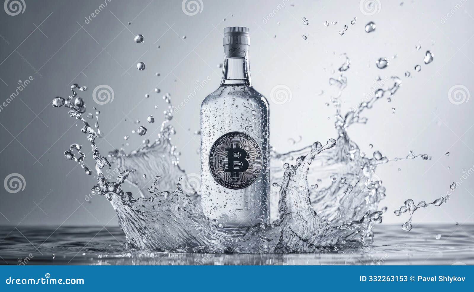Bottle in Water with Splash and Bitcoin Logo Stock Image - Image of ...