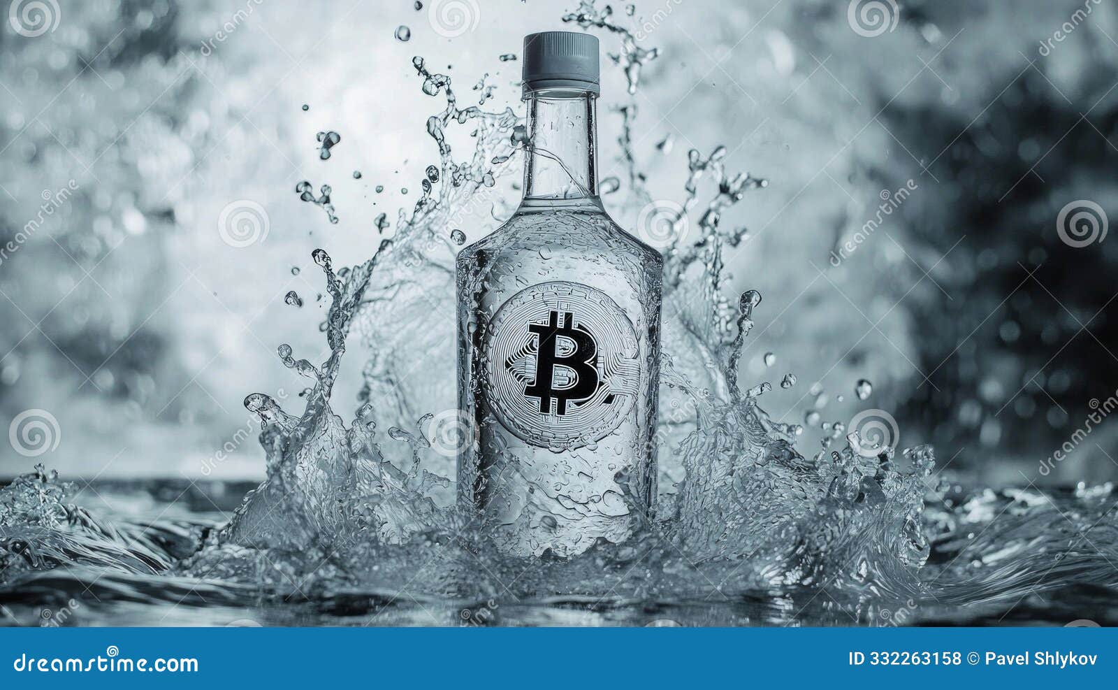 Bottle in Water with Splash and Bitcoin Logo Stock Photo - Image of ...