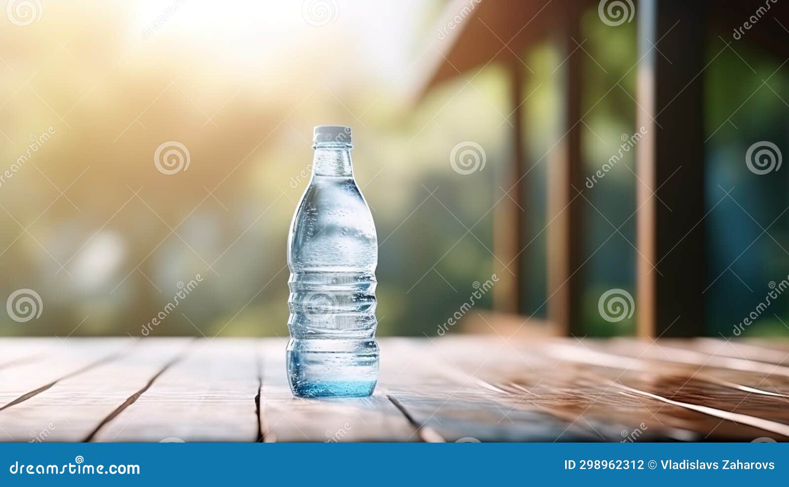 A Bottle of Water, Standing on a Wooden Table with Natural Lighting ...