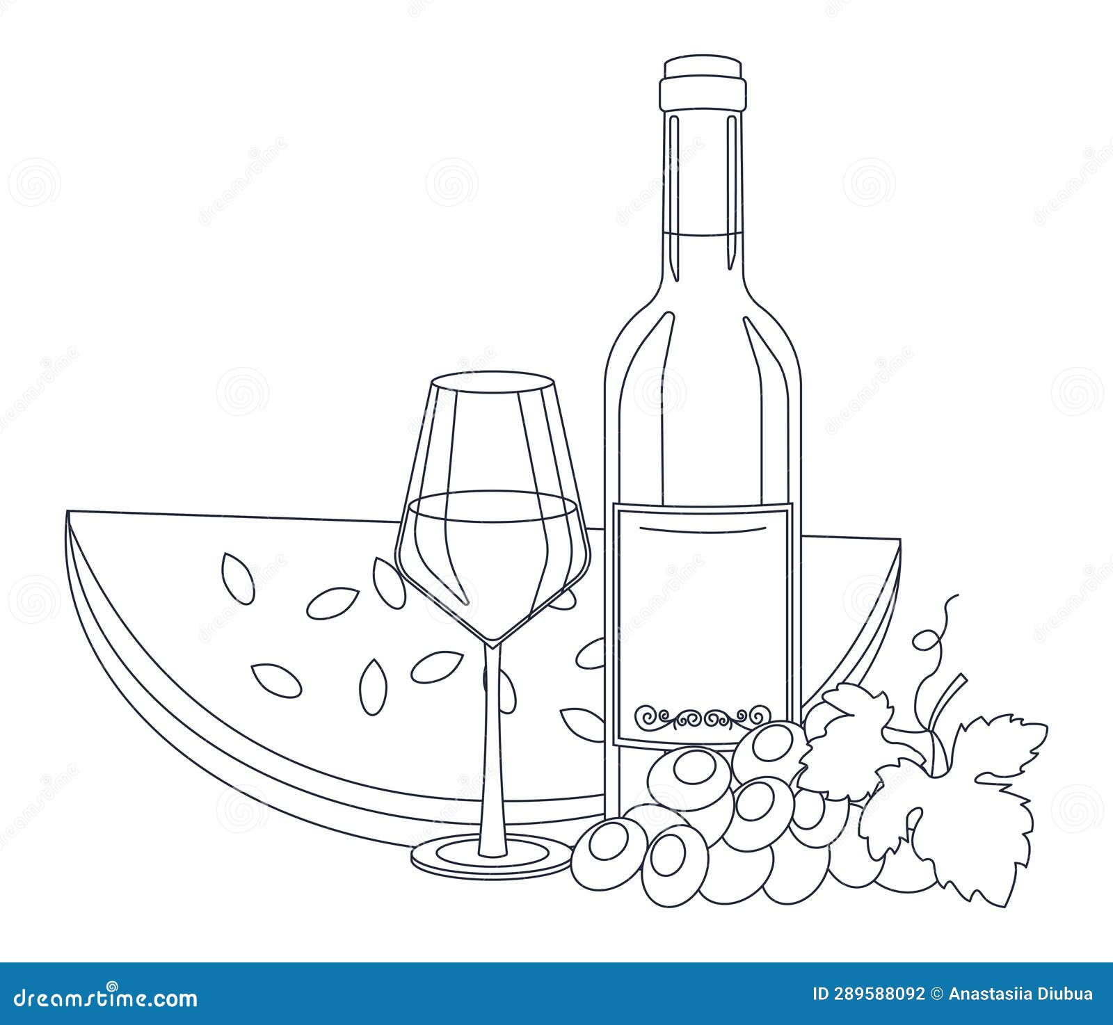 Bottle of Wine, Wine in Glass, Watermelon and Grape. Lineart, Outline ...