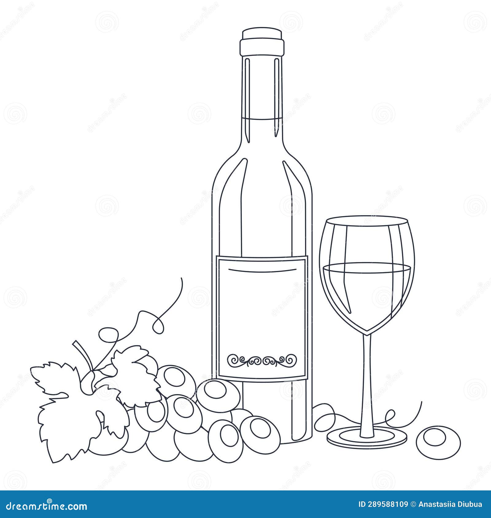 Bottle of Wine, Wine in Glasses and Grape. Lineart, Outline only Stock ...