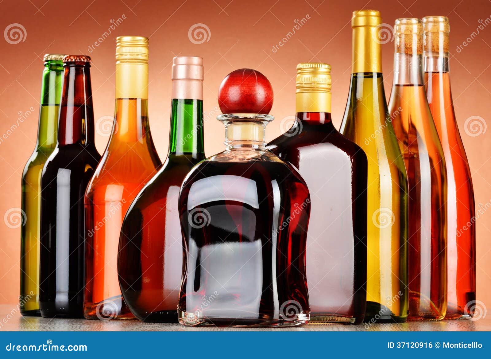 Bottles of Assorted Alcoholic Beverages Including Beer and Wine Stock ...