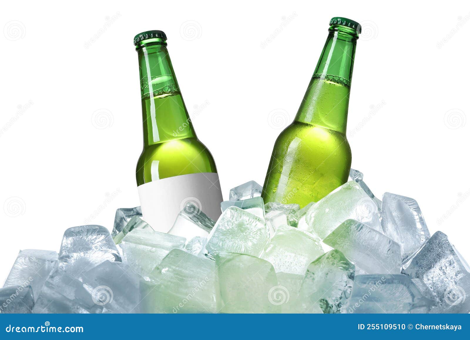 Bottles of Beer on Ice Cubes Against White Background Stock Photo ...
