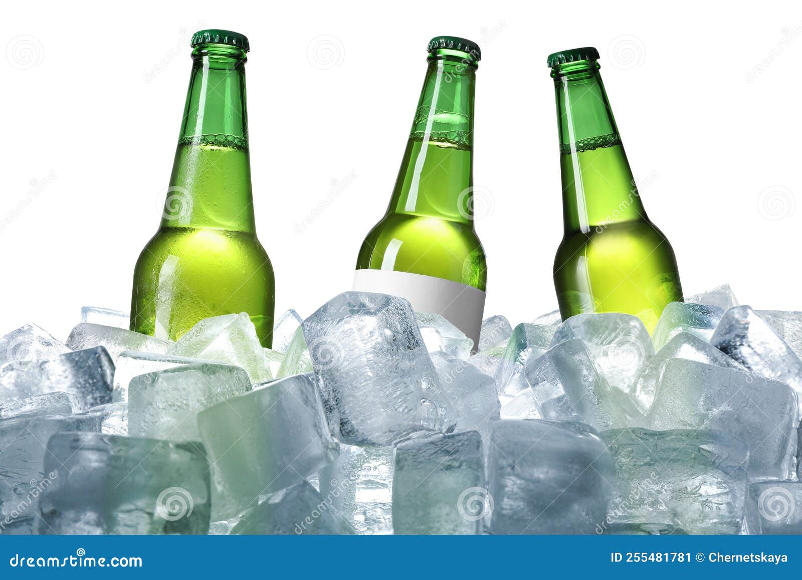 Bottles of Beer on Ice Cubes Against White Background Stock Image ...
