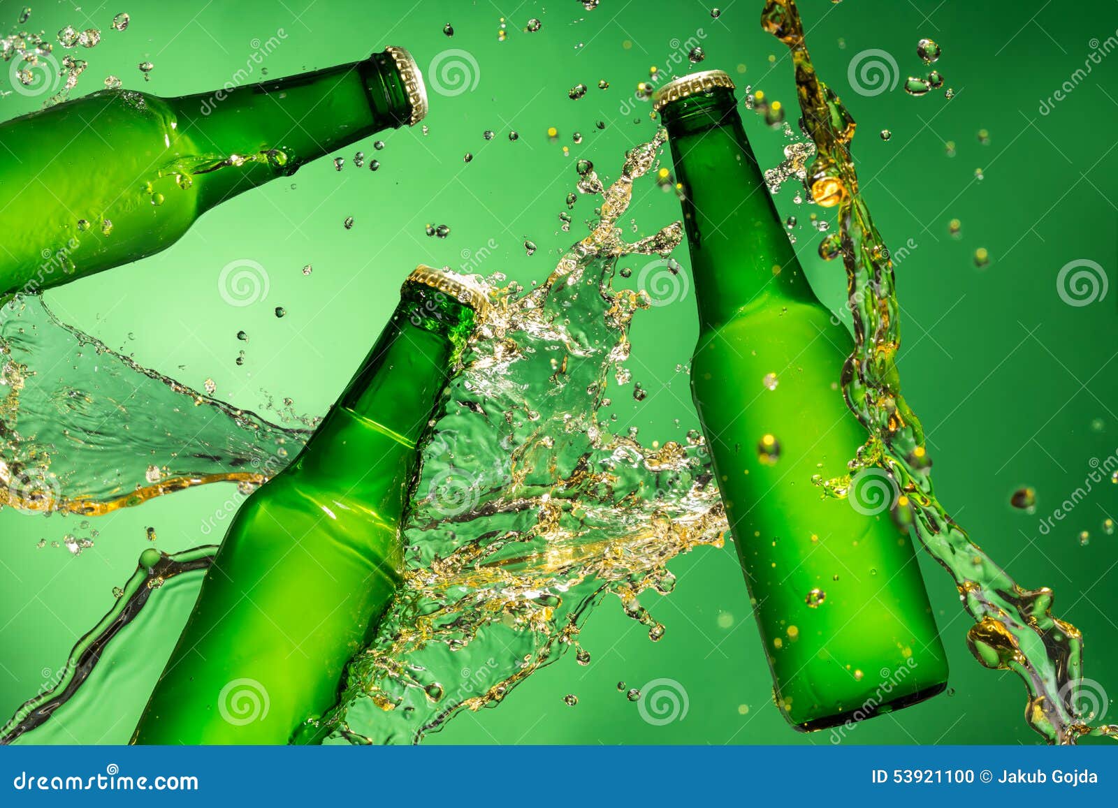 Bottles Of Beer With Splash, On Green Background Stock Photo - Image of ...