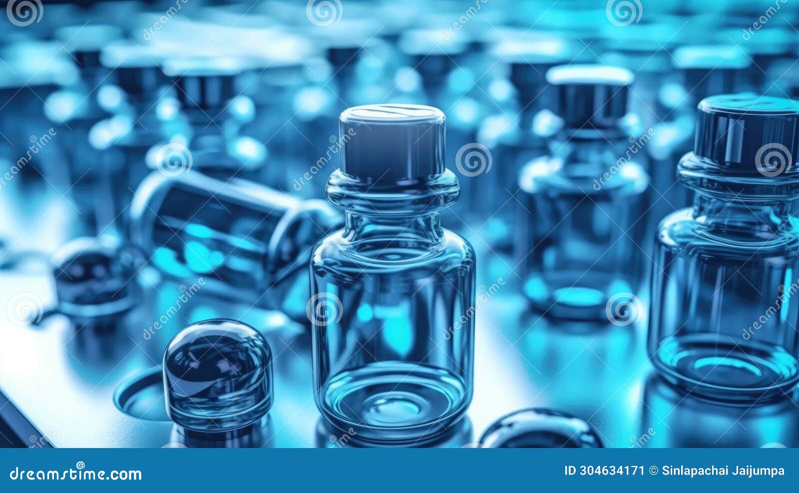 Bottles of Blue Liquid, Test Tubes with Chemicals, and a Container of ...