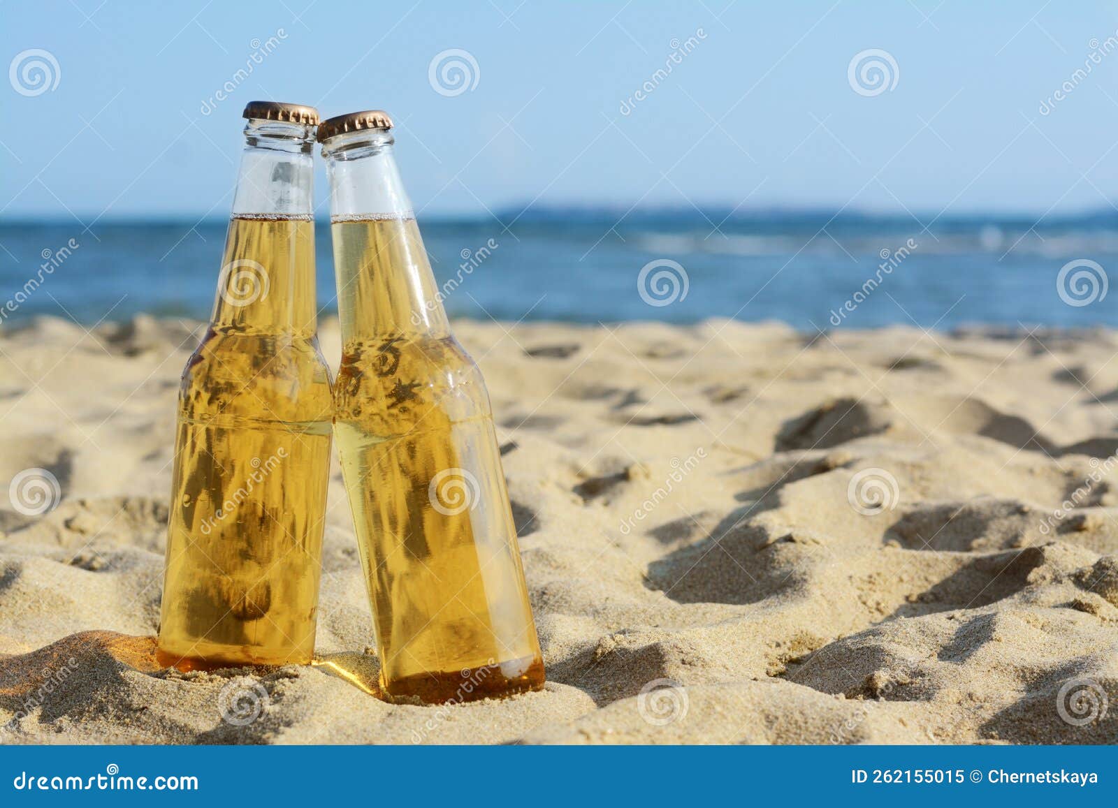 Bottles of Cold Beer on Sandy Beach Near Sea, Space for Text Stock ...