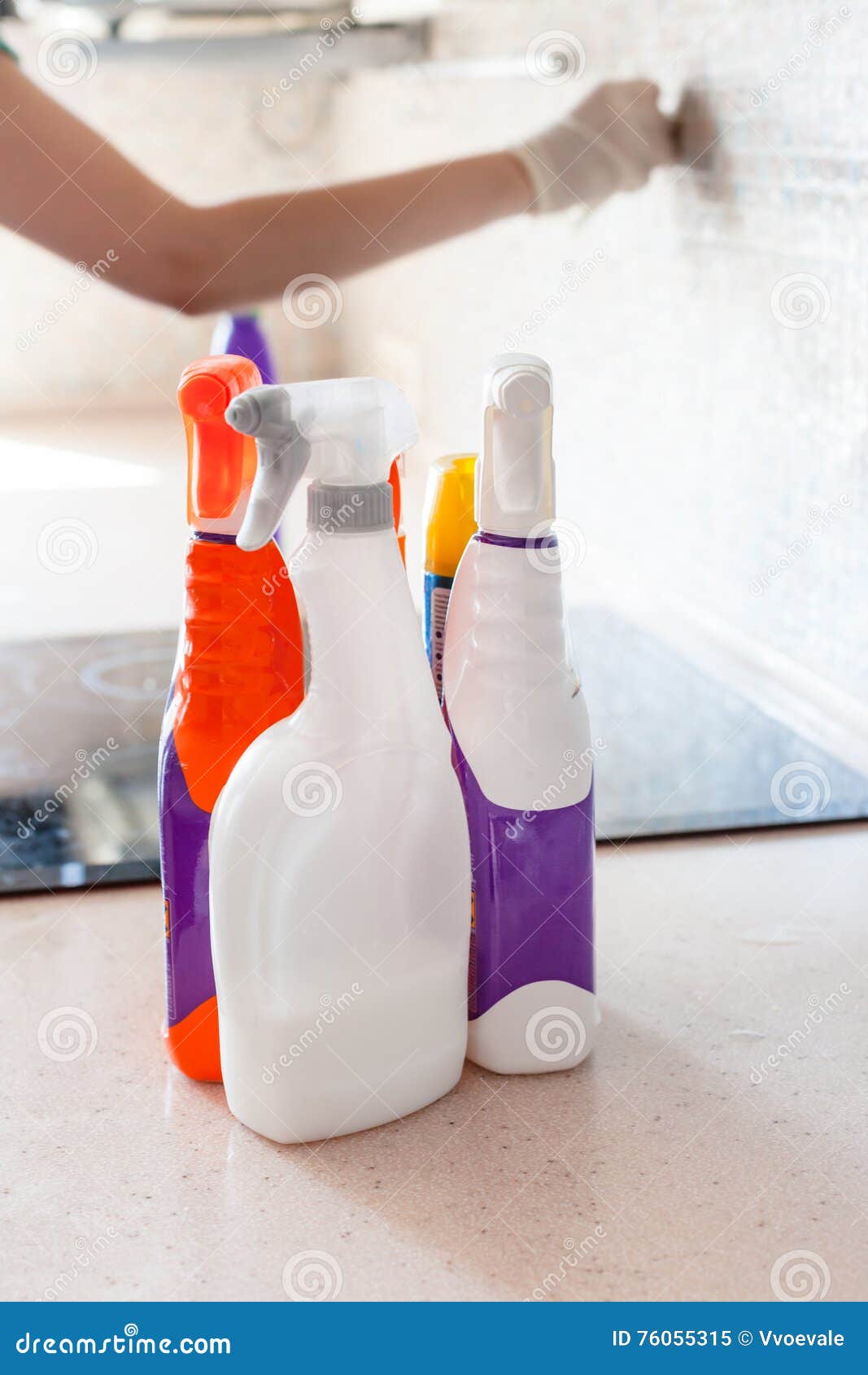Bottles with Detergents on Kitchen Tabletop Stock Image - Image of ...