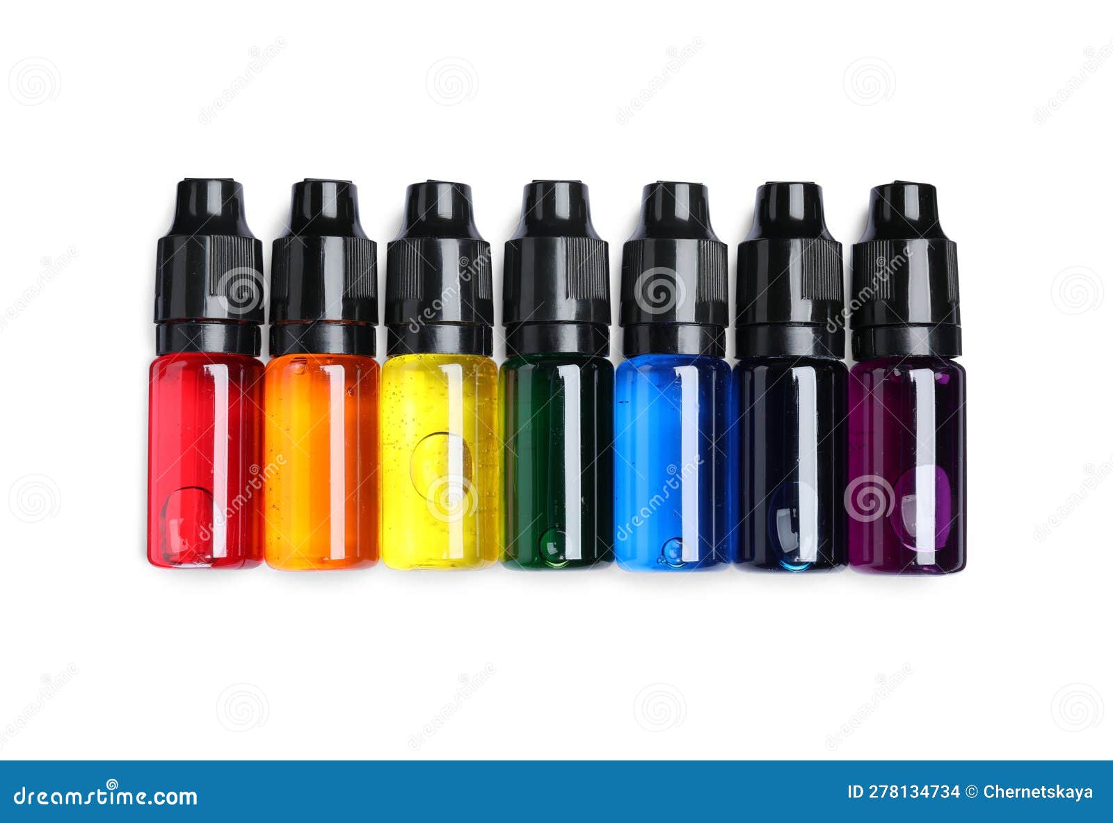 Bottles with Different Food Coloring on White Background, Top View ...