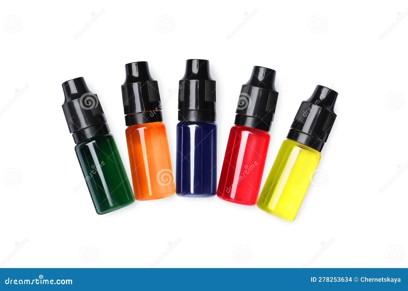 Bottles with Different Food Coloring on White Background, Top View ...