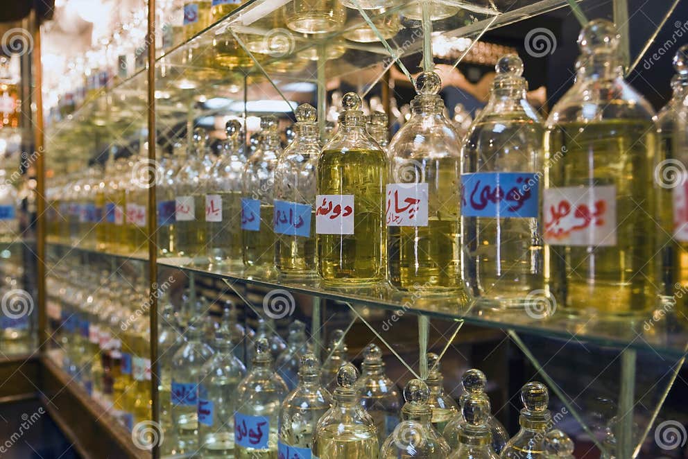 Bottles of Essential Oils on Display Stock Photo - Image of market ...