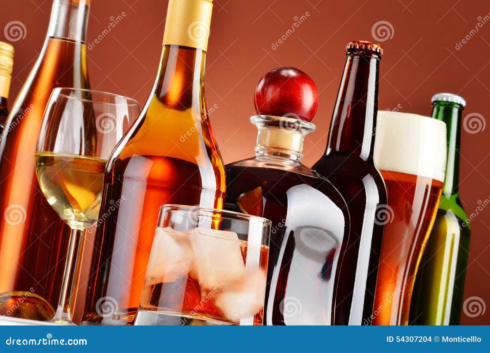 Bottles and Glasses of Assorted Alcoholic Beverages Stock Photo - Image ...