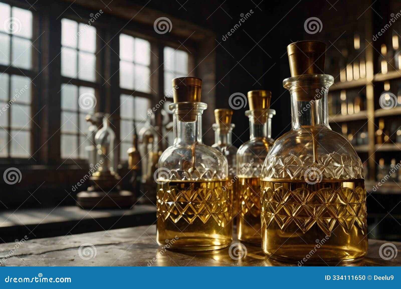 Bottles with Liquid Gold Color Ingredients, in a Perfume Maker Lab ...