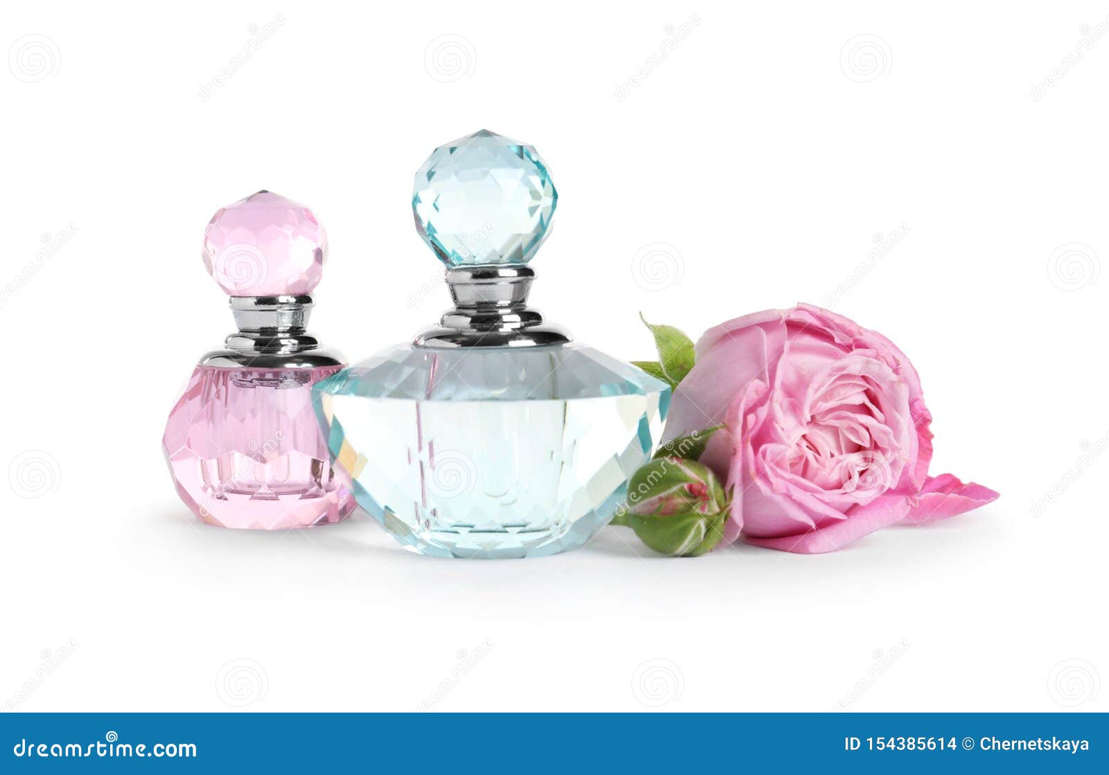 Bottles of Luxury Perfume and Beautiful Flower on White Stock Photo ...