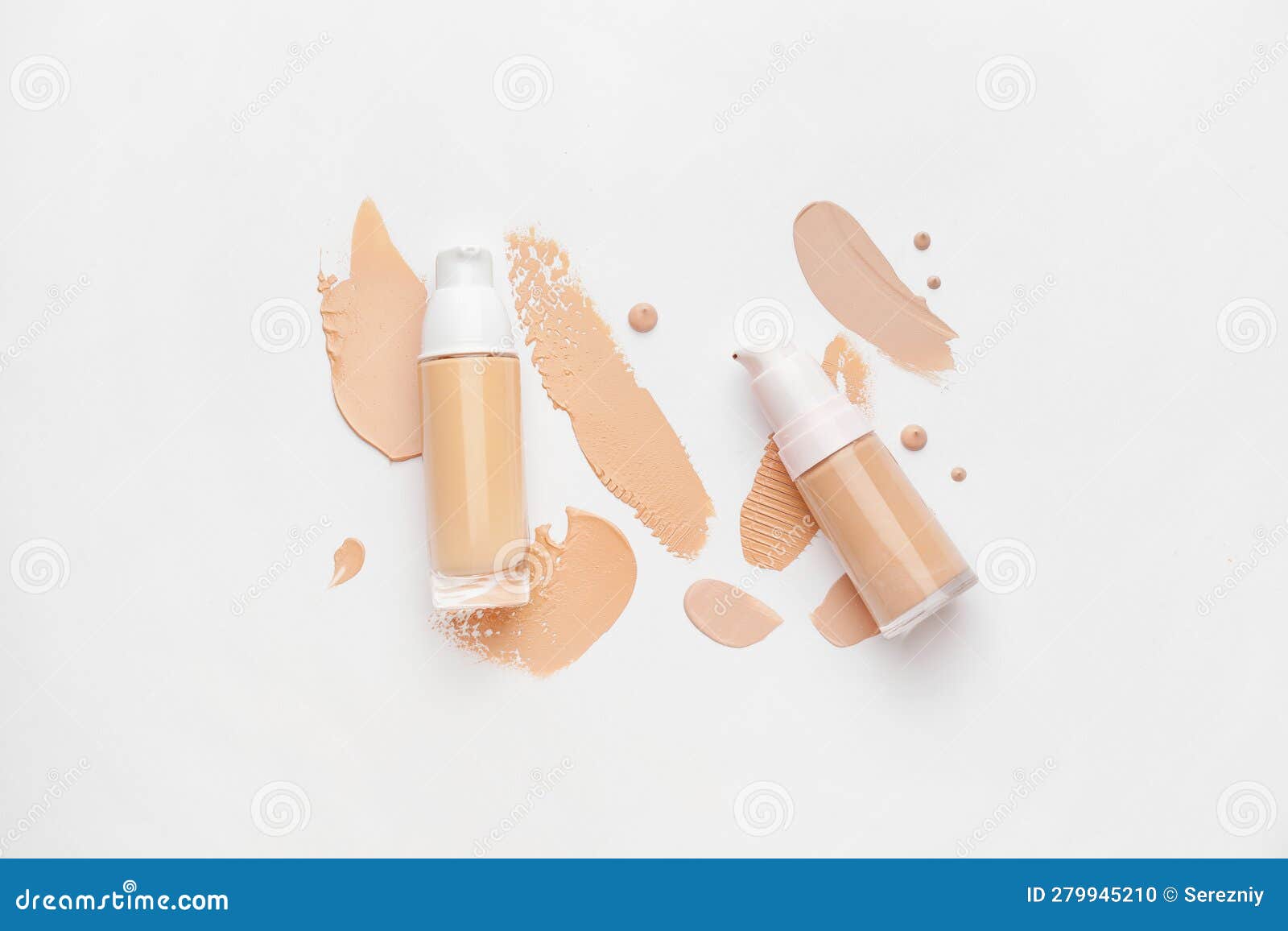 Bottles of Makeup Foundation and Samples on White Background Stock ...