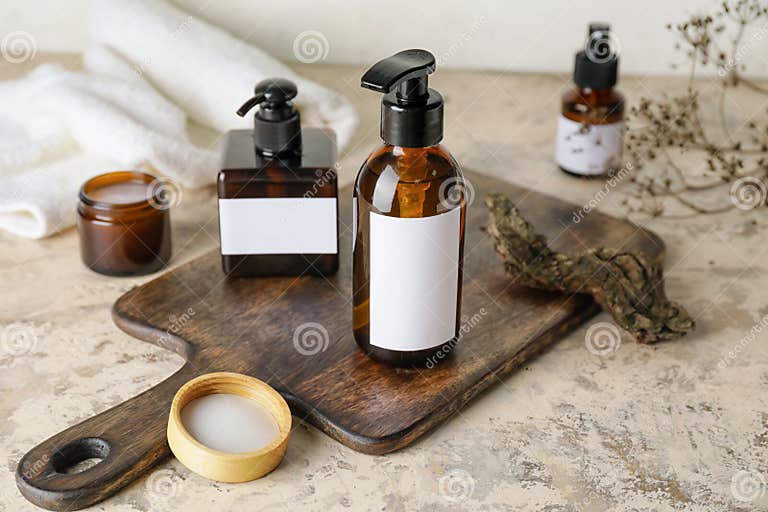 Bottles with Natural Shampoo on Light Background Stock Image - Image of ...